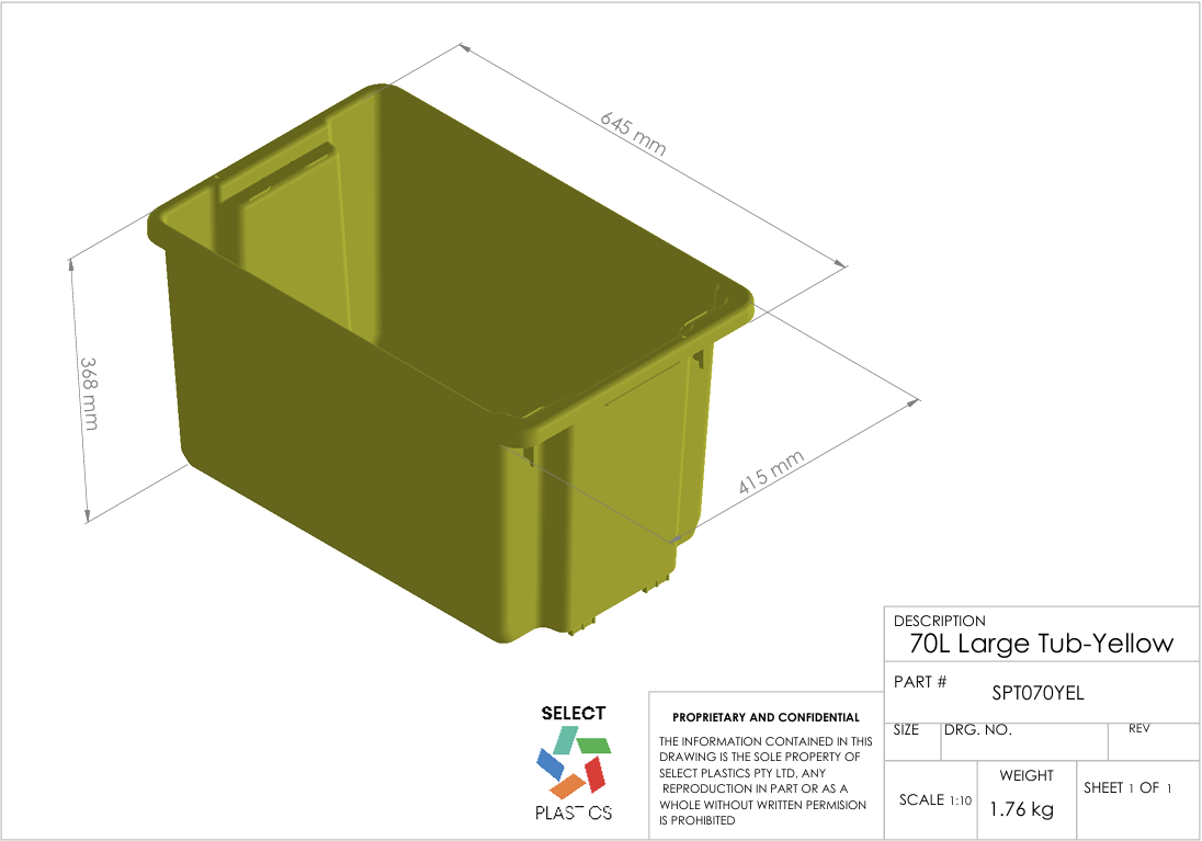 Select Plastics. 70L Storage Tub- Yellow